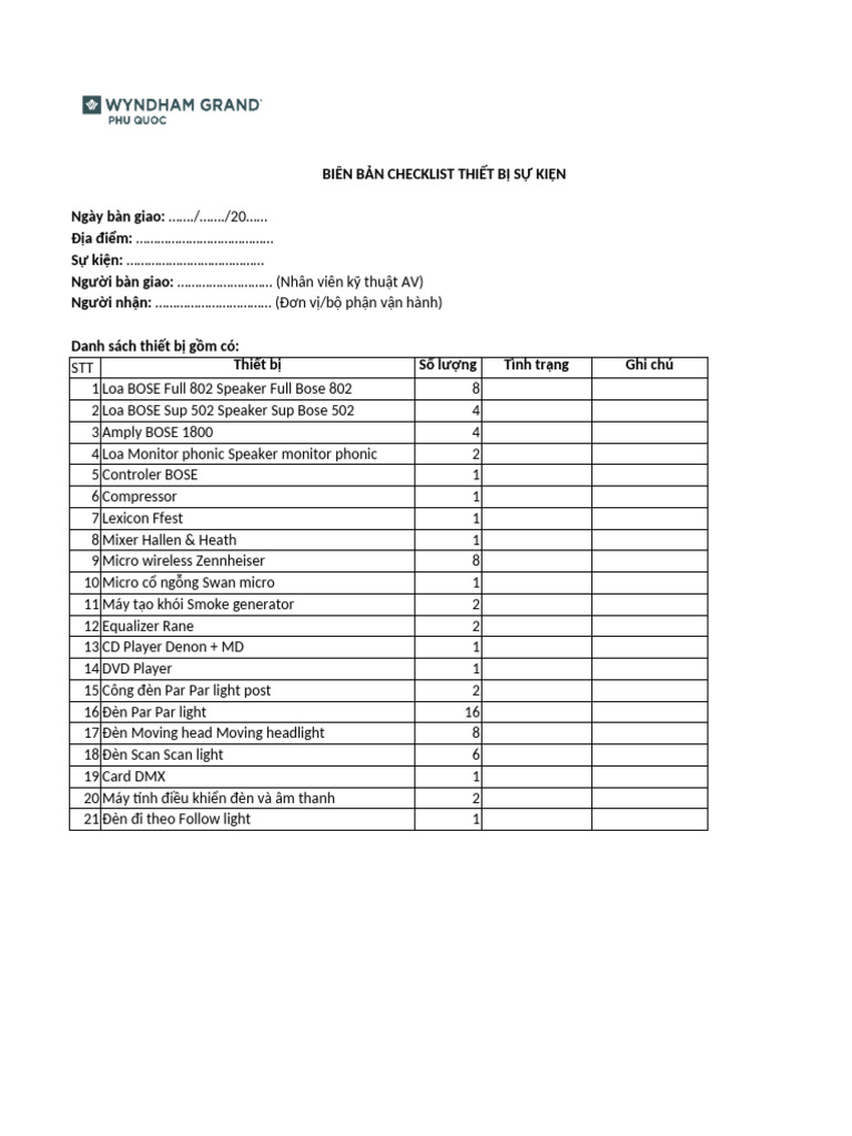 Checklist Thiet Bi Am Thanh Anh Sang | PDF
