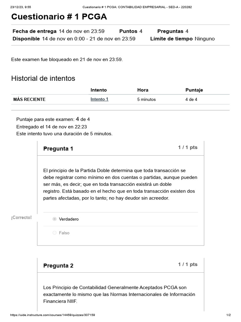 Cuestionario # 1 Pcga - Contabilidad Empresarial - Sed-A - 220282 | PDF | Contabilidad | Business
