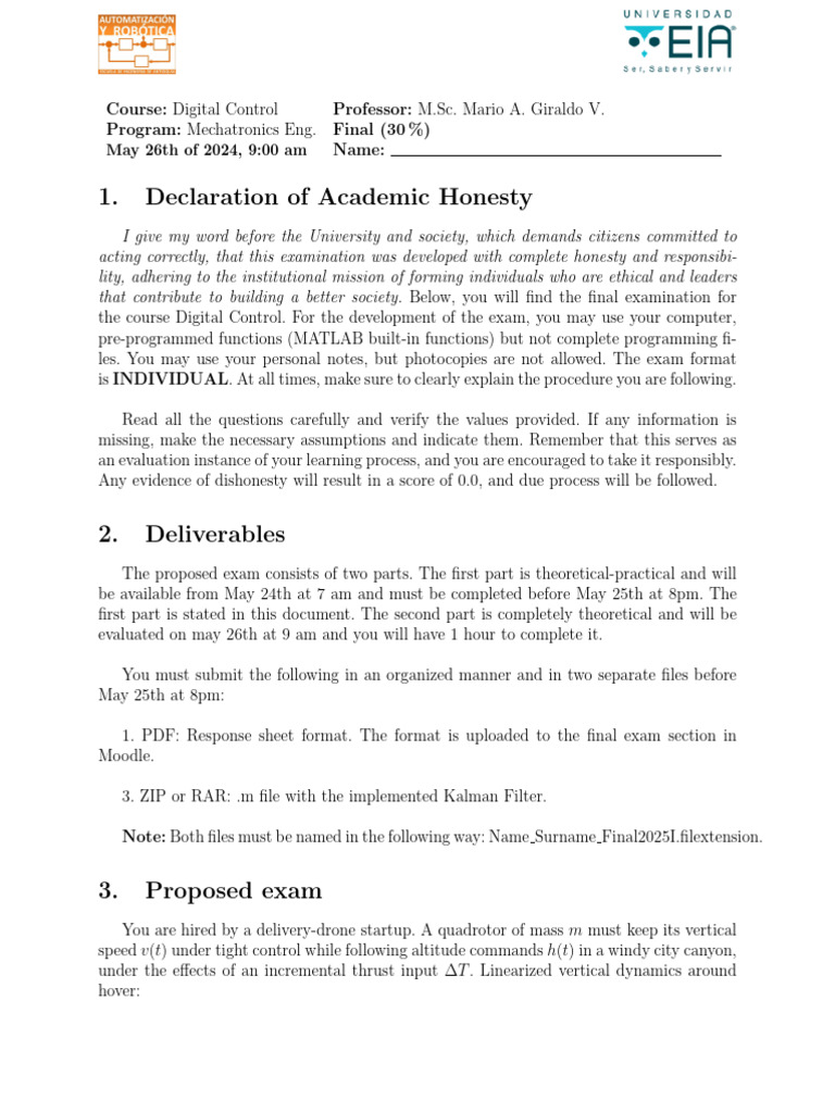 2025 1 FINAL Digital Control | PDF | Kalman Filter | Applied Mathematics