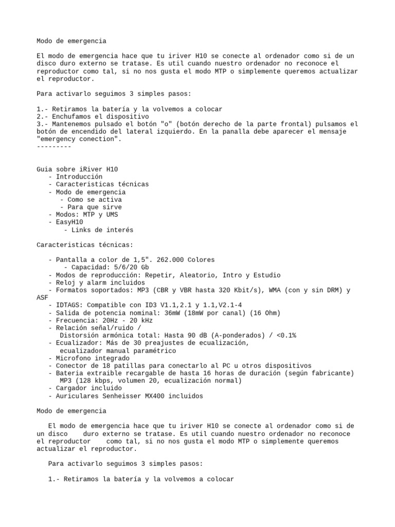 Activar Modo de Emergencia iRiver H10 | PDF | Tecnología de información ...
