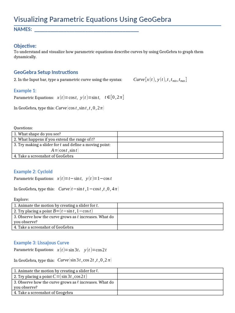 Visualizing Parametric Equations Geogebra Pdf