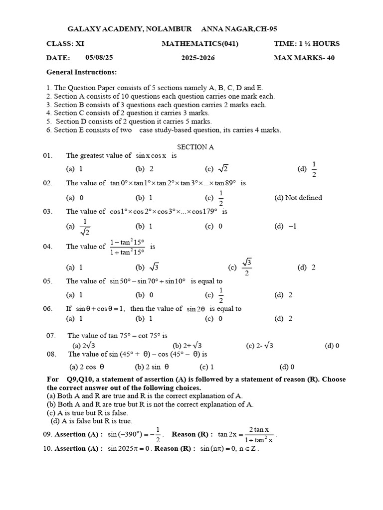 Xi 40 Marks Test - I (25-26) | PDF | Angle | Length