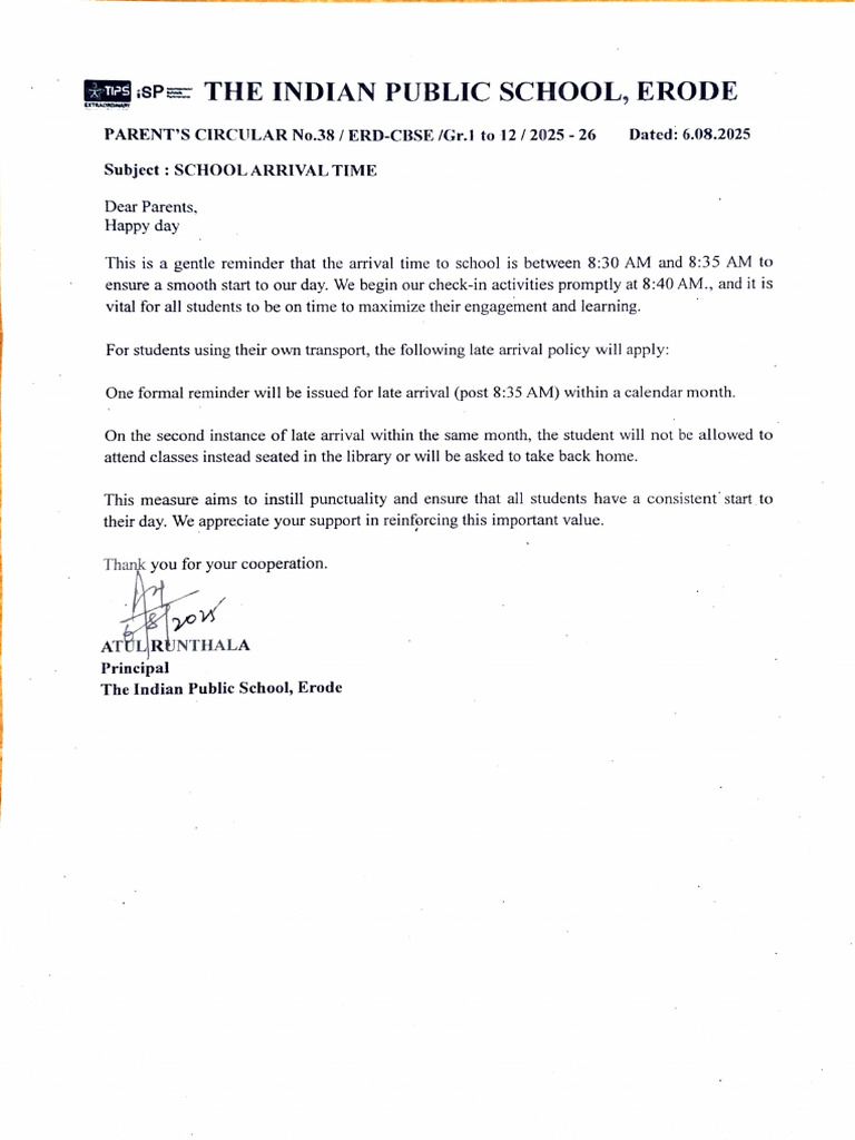 School Arrival Time - Circular | PDF