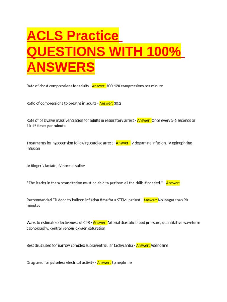 ACLS Exam Practice Questions & Answers | PDF | Cardiac Arrest ...