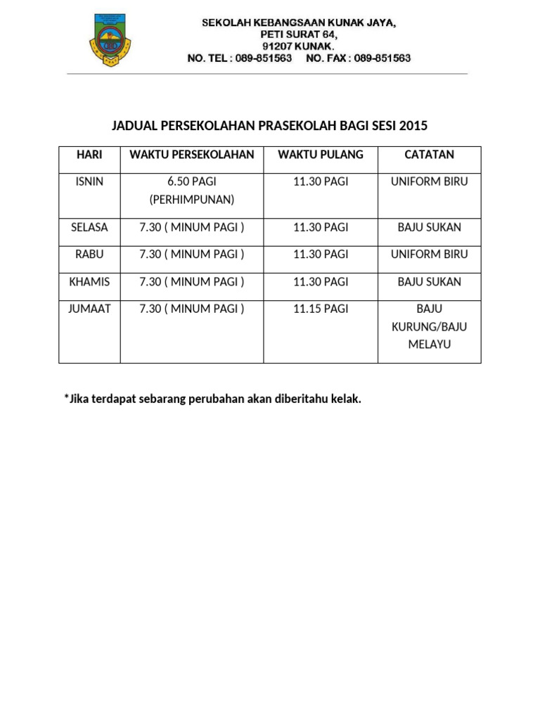 Jadual Persekolahan Pra | PDF