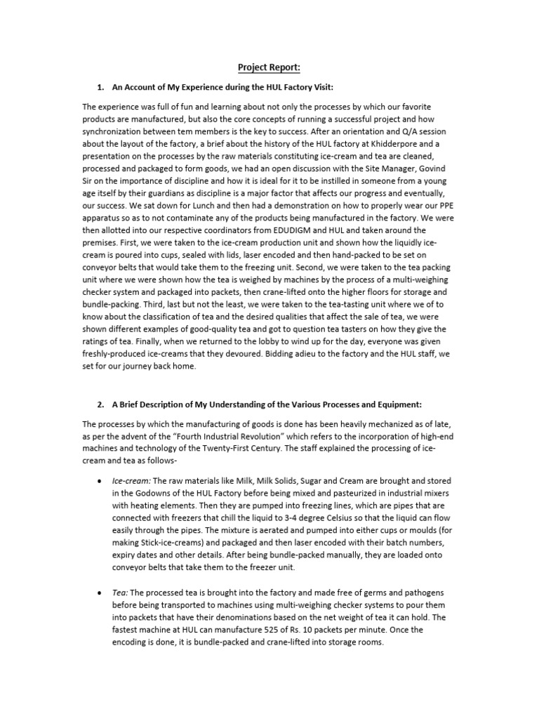 Project Report For HUL Factory Visit (Sample) | PDF