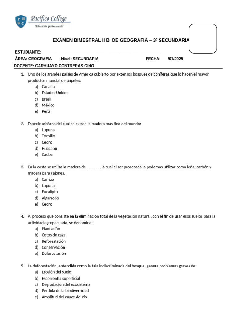 Examen Bimestral de Geografía 3º Sec. | PDF | Deforestación | Agricultura