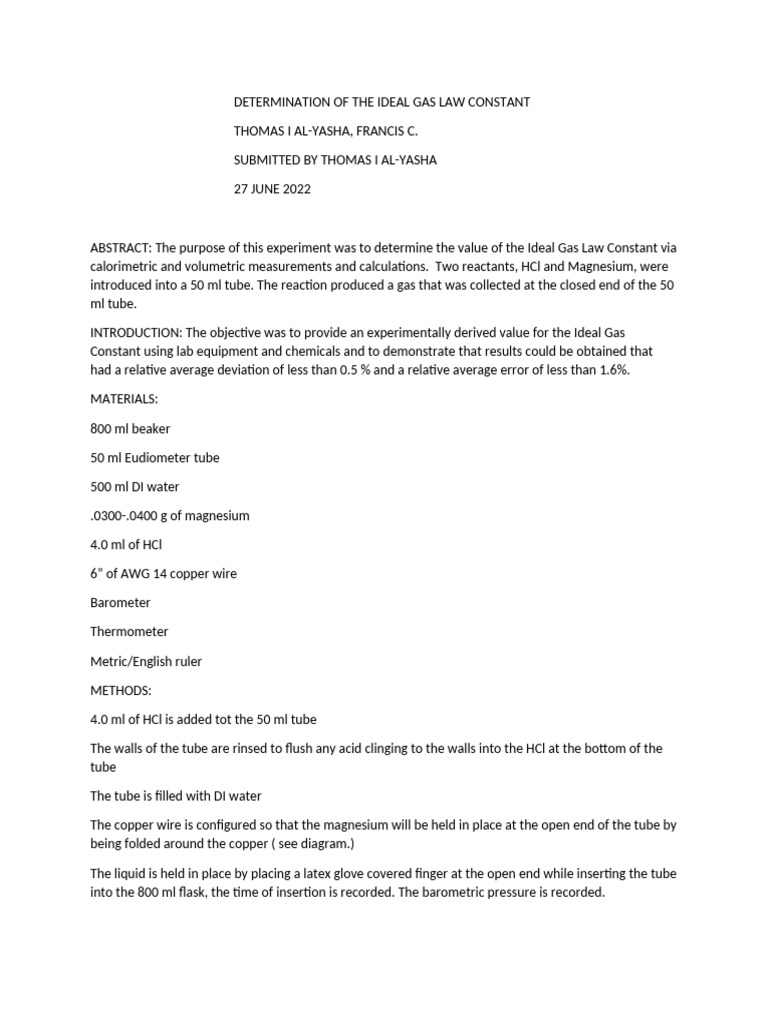 Determination of The Ideal Gas Law Constant | PDF | Gases | Chemical ...