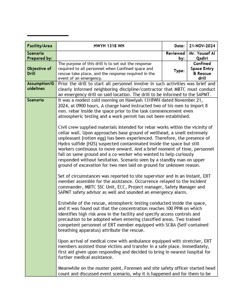 GGUPD-MBTC-HWYH 1318 - Confined Space Entry & Rescue Emergency Drill Scenario Pre-Incident Plan ...