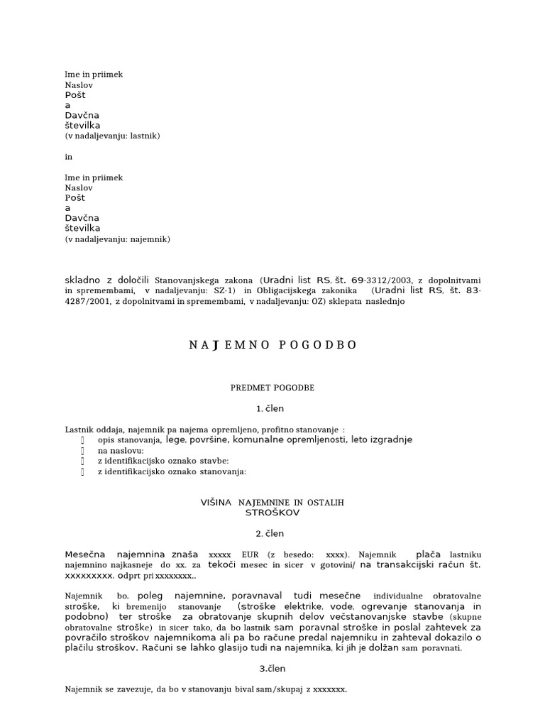 Najemna Pogodba Stanovanje Vzorec - Pravni SOS | PDF
