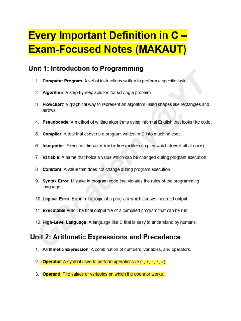 Every Important Definition in C | PDF | Computer Program | Programming