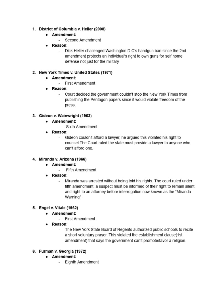 Key Bill of Rights Court Cases | PDF | Miranda Warning | Fourth ...
