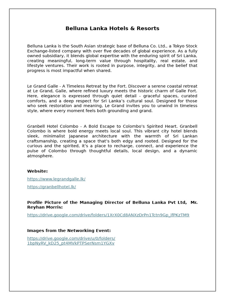 Belluna Lanka Hotels & Resorts Overview | PDF