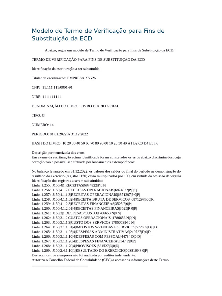 Termo de Verificação ECD Substituição | PDF