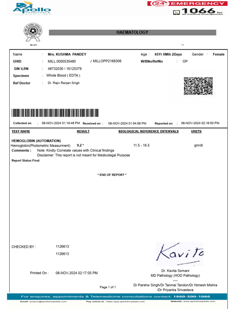 Hematology Report for Mrs. Kushma Pandey | PDF