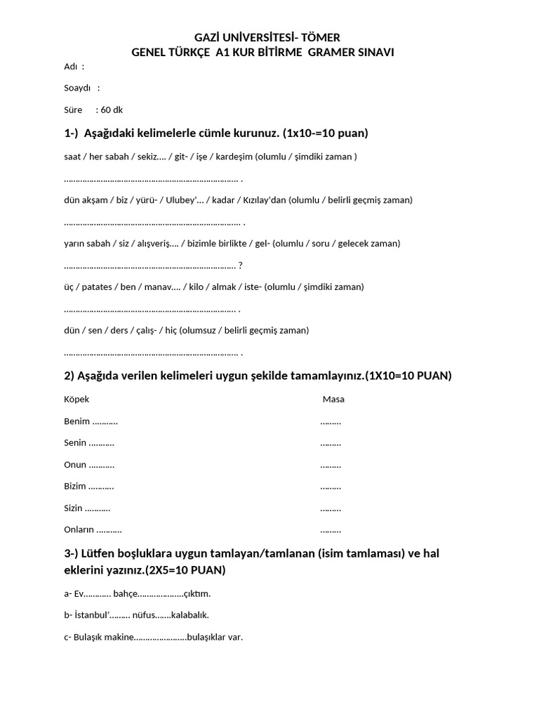 Sınav A1 Gramer | PDF