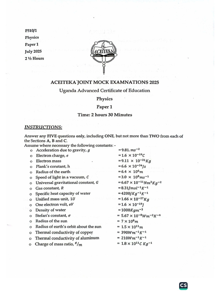 Aceiteka 2025 Physics 1 | PDF