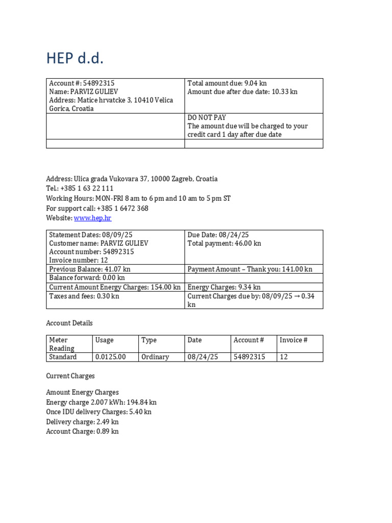 HEP Bill Template | PDF