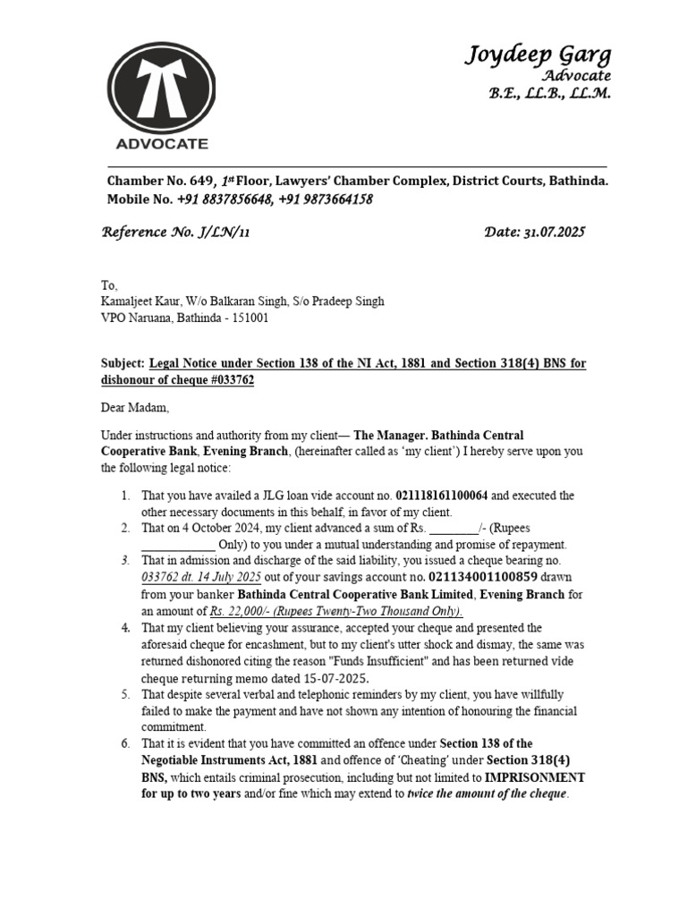 Legal Notice for Cheque Bounce | PDF | Cheque | Public Law