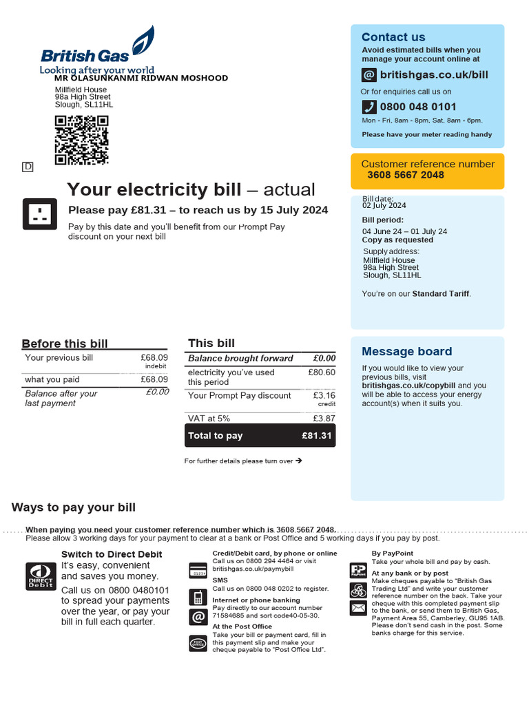 Olasunkanmi Ridwan Moshood British Gas Bill | PDF | Payments | Cheque
