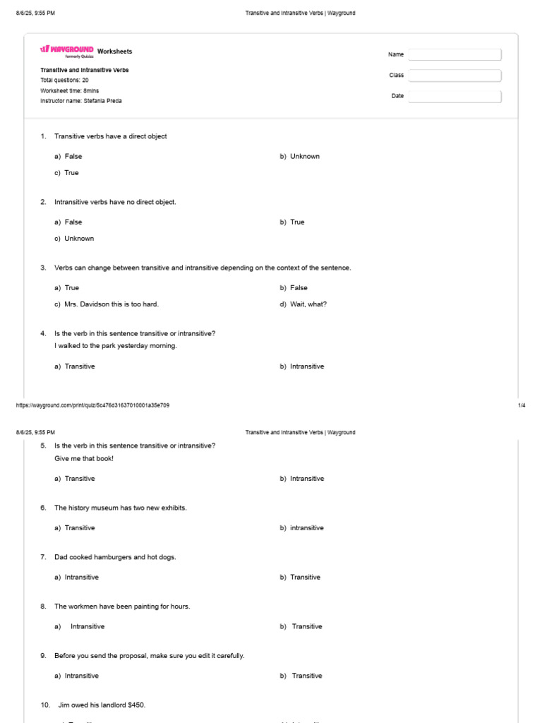 Grade 7 Verbs Worksheet with Answers | PDF | Verb | Syntax