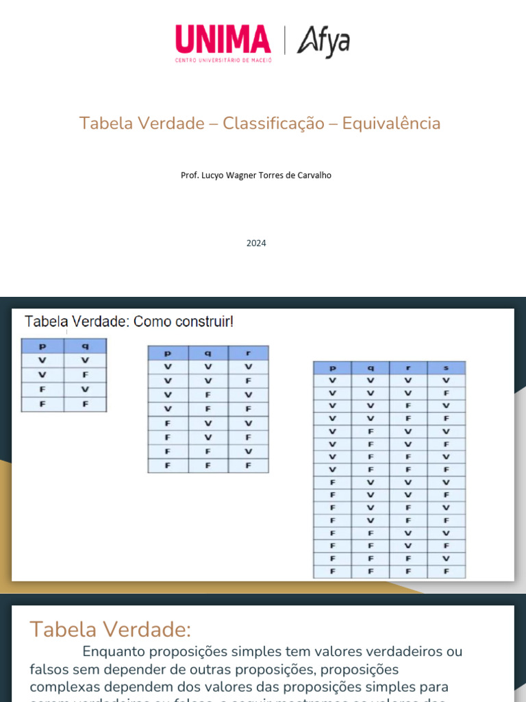 Aula - Tabela Verdade, Classificação e Equivalência | PDF