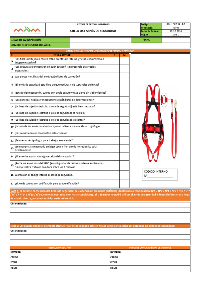Check List Arnes de Seguridad Actualizado | PDF