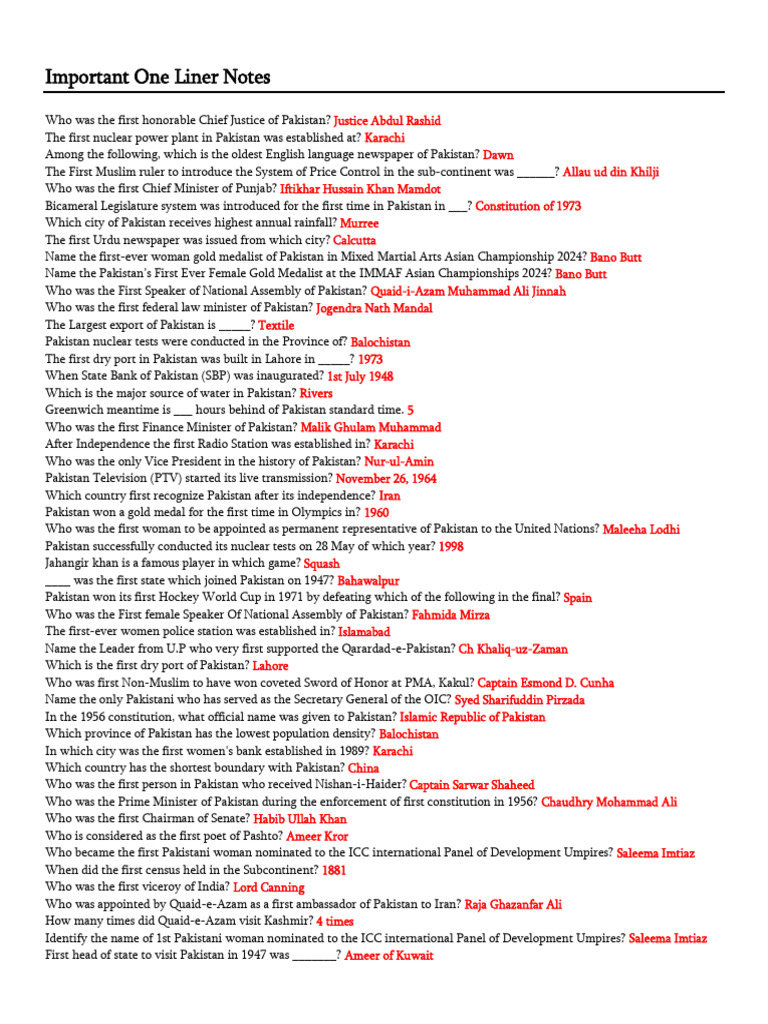 Important One Liner Notes | PDF | Pakistan | Parliament Of Pakistan