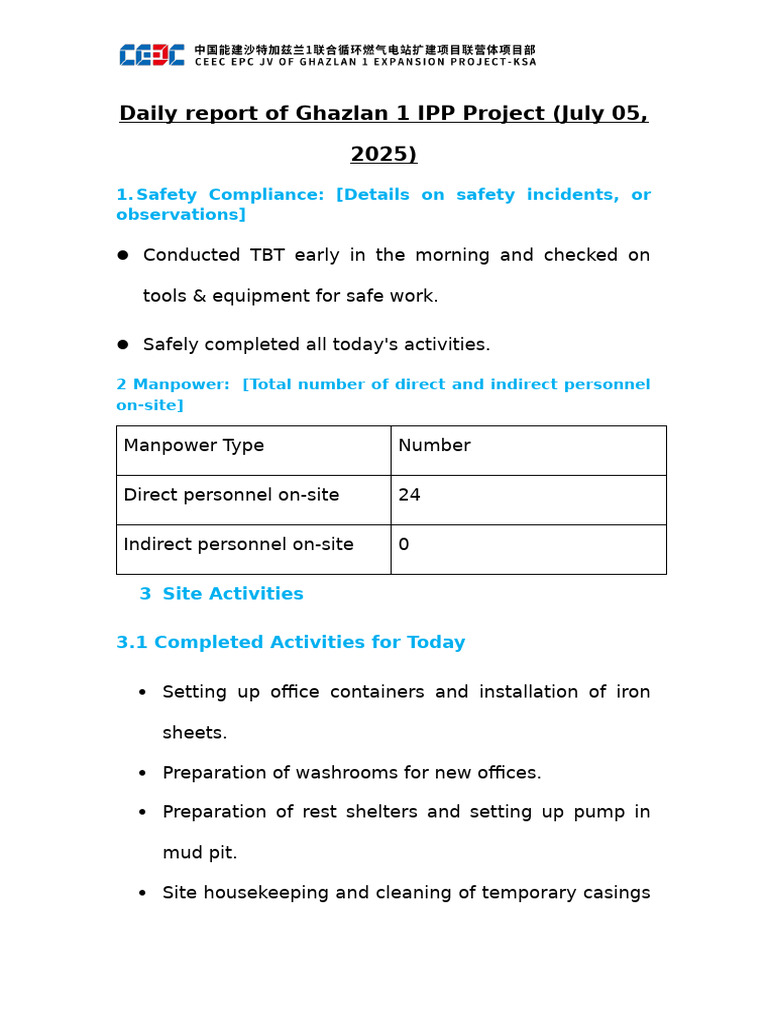 CHCI - (July 05, 2025) - Daily Report of Ghazlan 1 IPP Project | PDF
