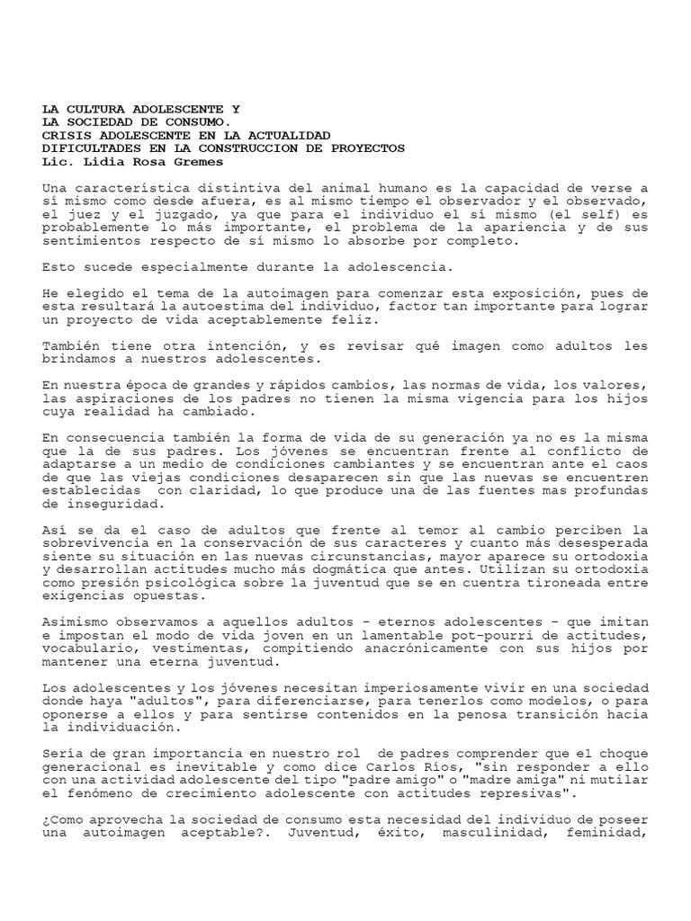 Gremes, Lidia Rosa. La Cultura Adolescente y La Sociedad de Consumo ...