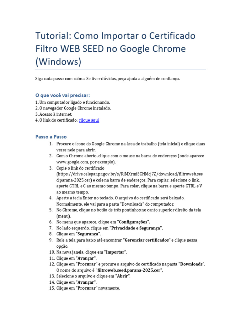 Tutorial Importar Certificado Webseed Chrome Windows | PDF