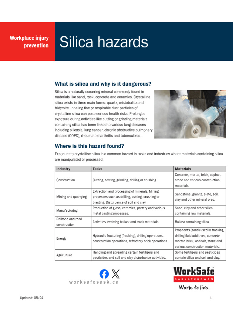 WorkSafe SK Silica Hazards Fact Sheet 1 | PDF | Silicon Dioxide ...