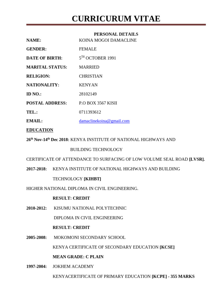 Civil Engineering CV of Koina Damacline | PDF | Kenya