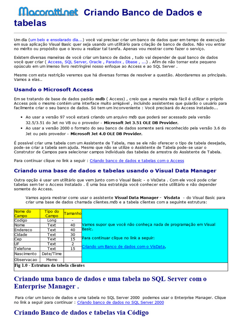 Criar Banco de Dados via Código - Access , SQL Server | PDF | Microsoft ...