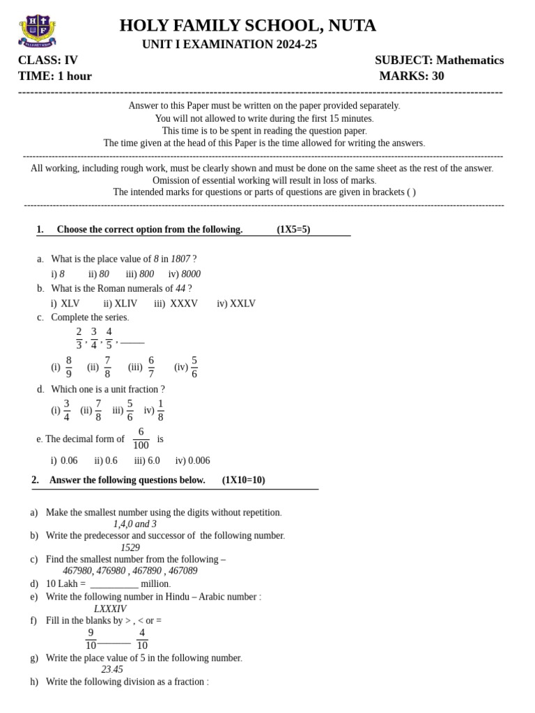 Class 4 Math Unit II 2024-25 | PDF | Numbers | Lexicology