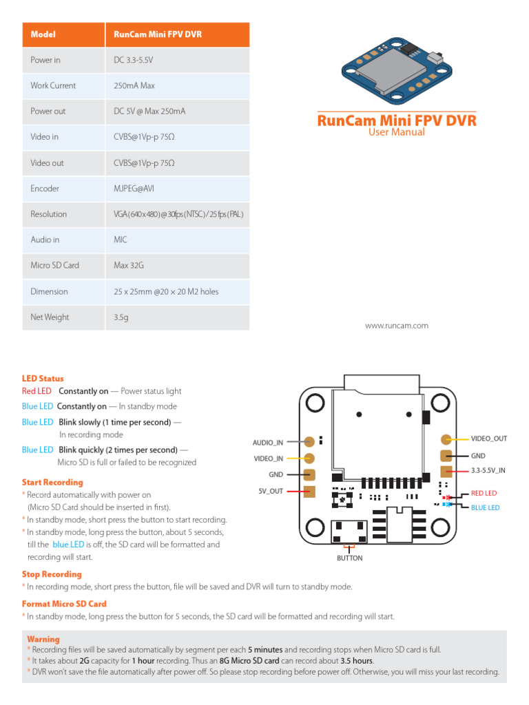 RunCam Mini FPV DVR User Manual | PDF | Multimedia | Media Formats