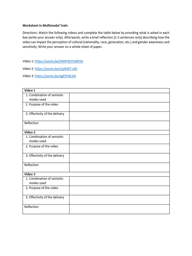 Worksheet in Multimodal Texts | PDF