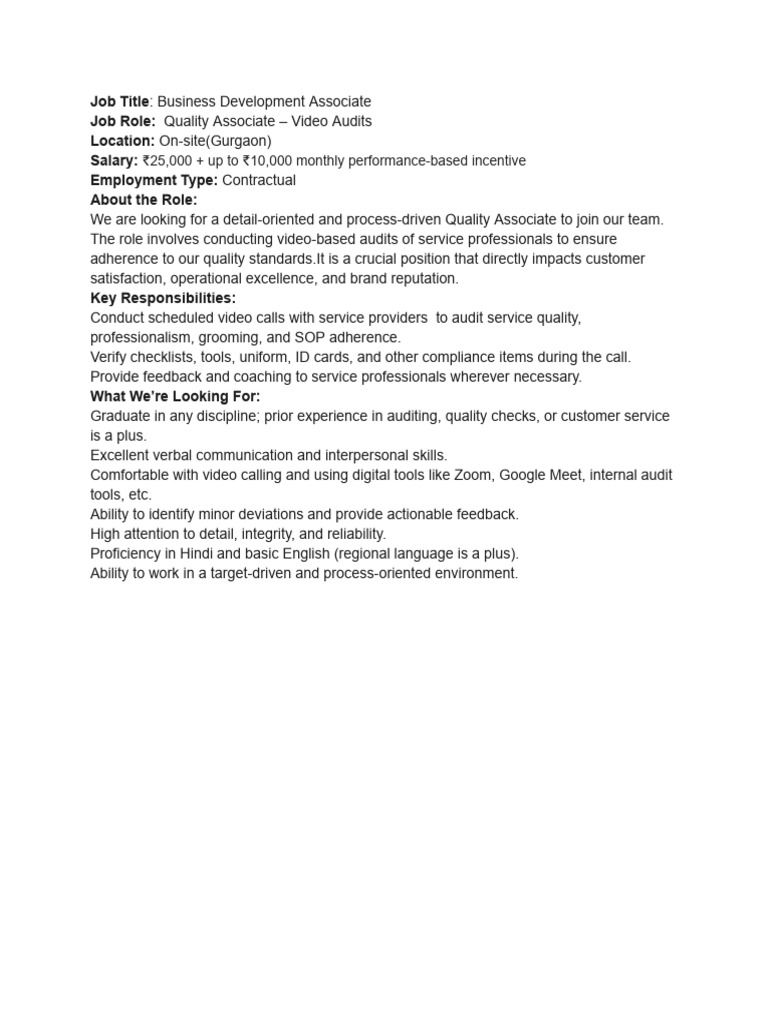 Job Description - Urban Company | PDF