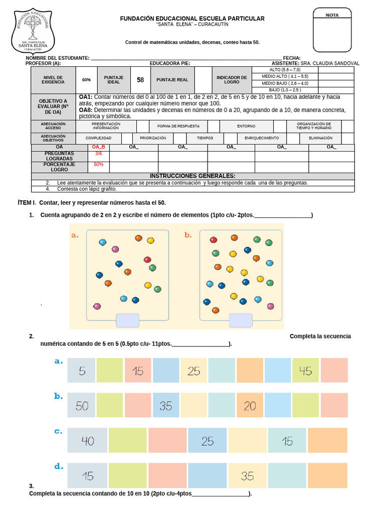 Control de Matematicas Numeros Hasta El 50, Unidades y Decenas | PDF ...
