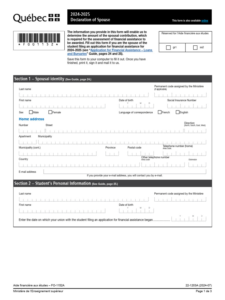 1152 配偶表declaration spouse 2024 2025 | PDF