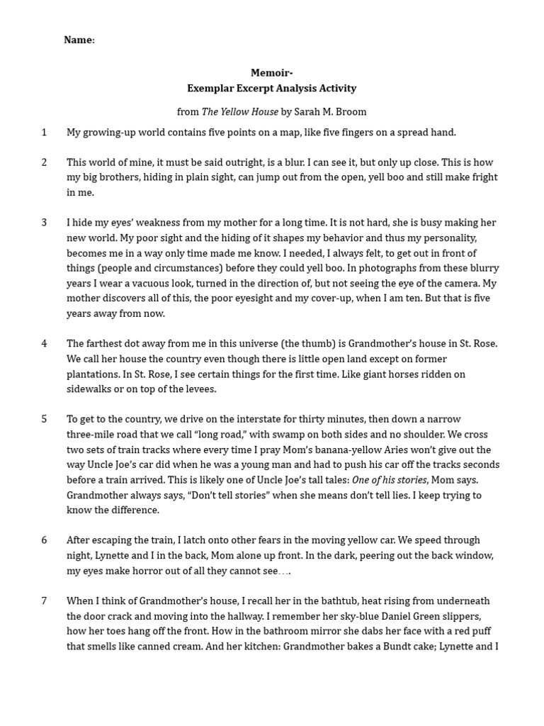 Vamsi Gollapudi - 13a. Memoir - Excerpt Analysis Activity (The Yellow ...