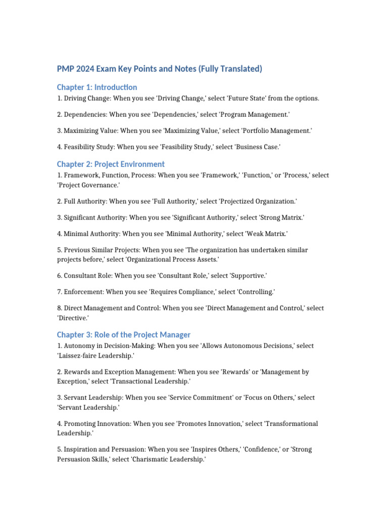 PMP 2024 Exam Key Points and Notes | PDF | Leadership | Business
