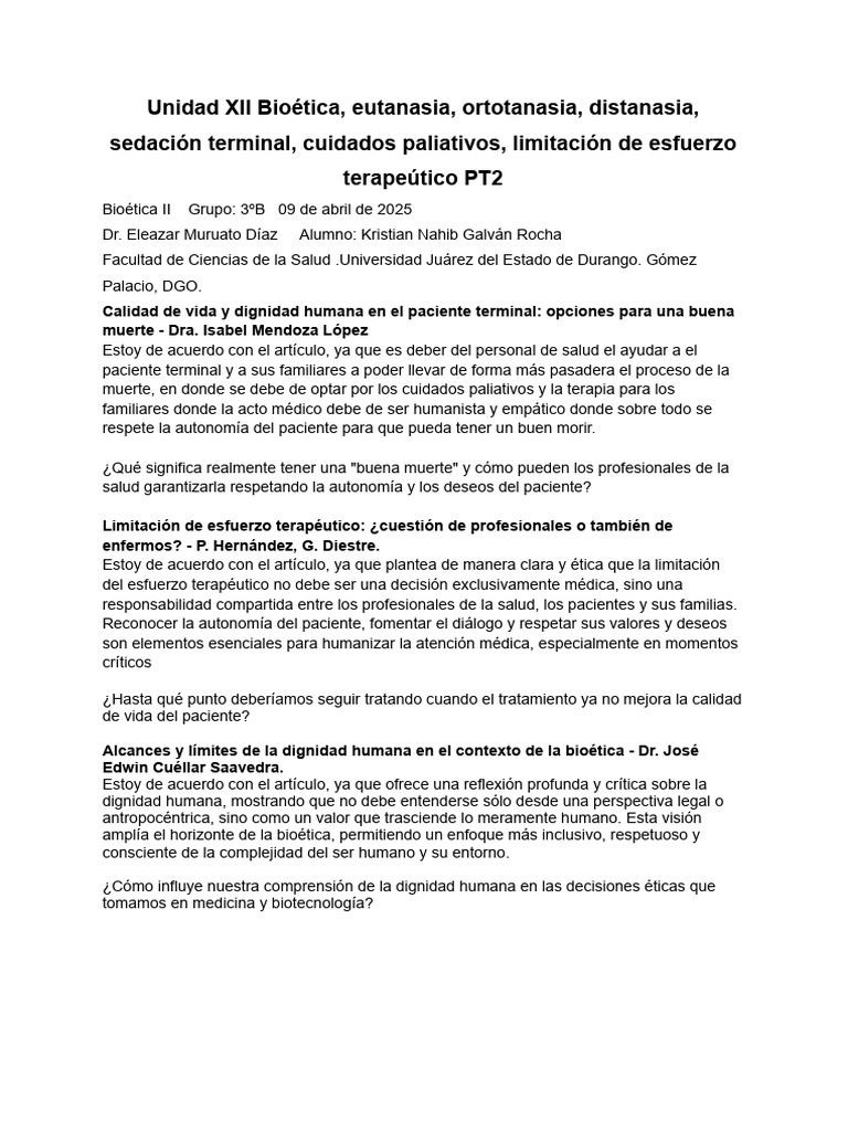 Unidad XII Bioética, Eutanasia, Ortotanasia, Distanasia, Sedación ...