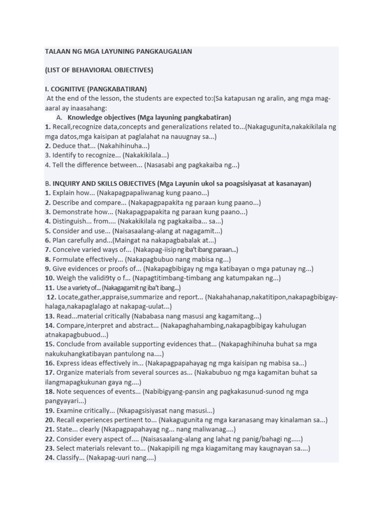 Mga Layunin KSA 1 | PDF