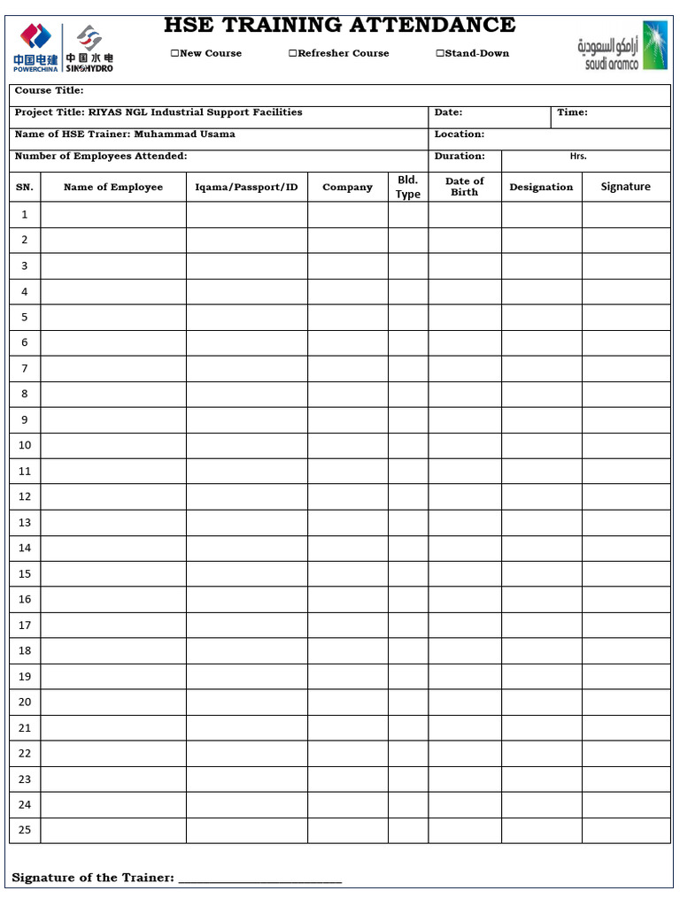 HSE Training Attendance Record | PDF
