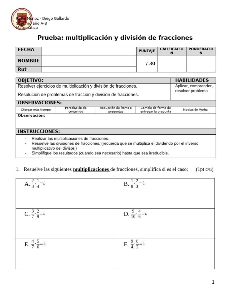 Prueba Multiplicación y División Fracciones | PDF | Matemáticas ...