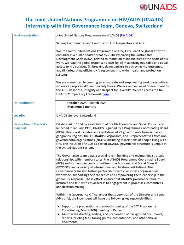UNAIDS Governance Intern - Geneva Fall 2024 - Announcement | PDF ...