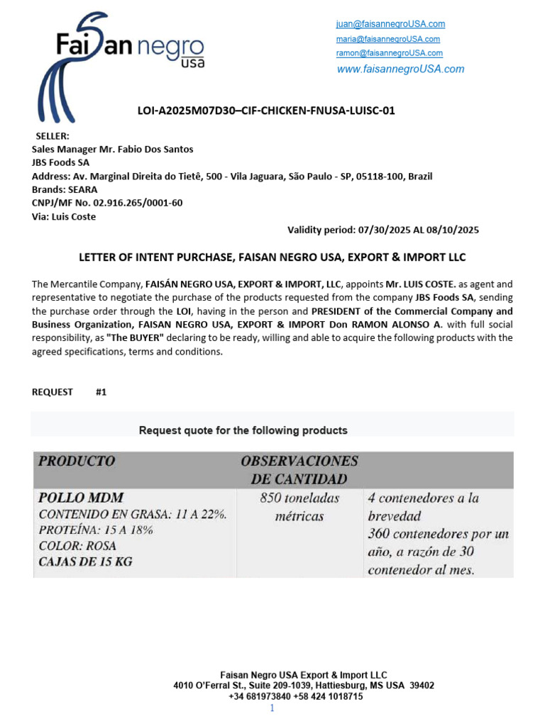 Loi-A2025m07d30-Cif-Chicken-Fnusa-Luisc-01 | PDF | Letter Of Credit | Business