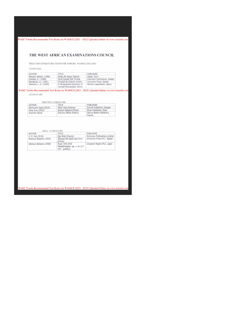 WAEC Yoruba List of Text - 2021 - 2025.PDF - Google Drive | PDF
