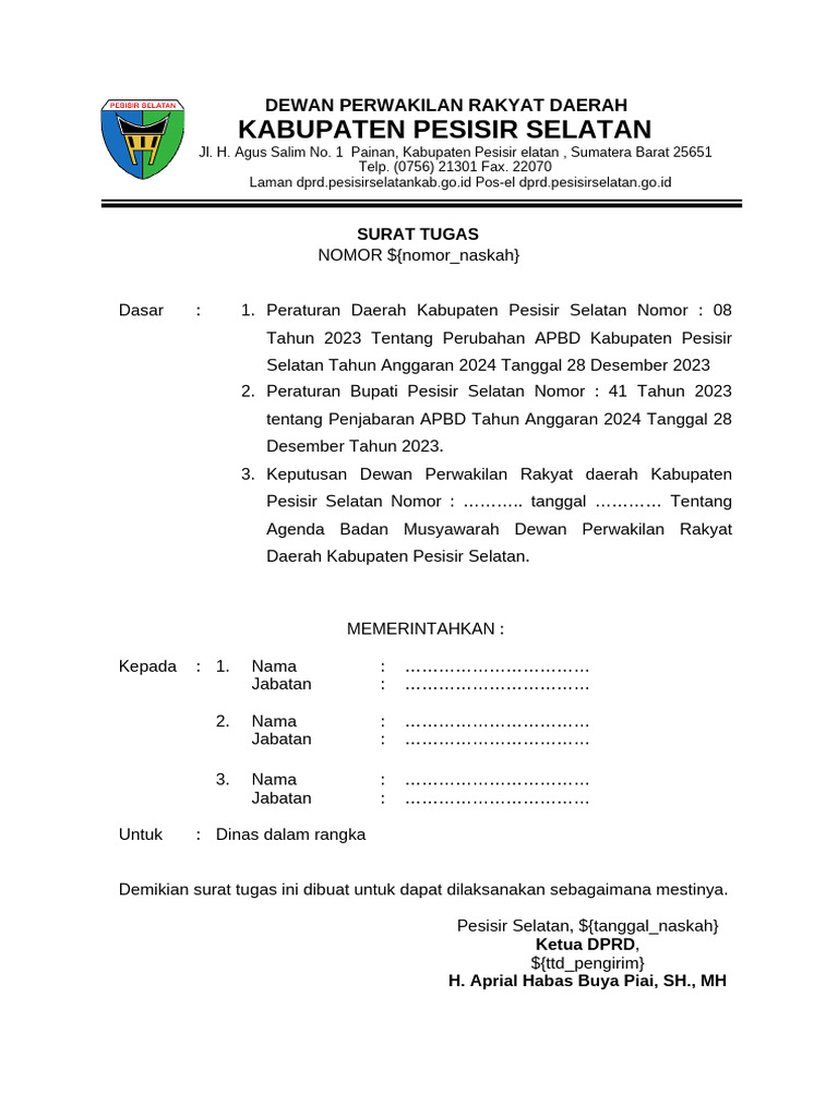 SURAT TUGAS DPRD WK H. Aprial Habas Buya Piai, SH., MH | PDF